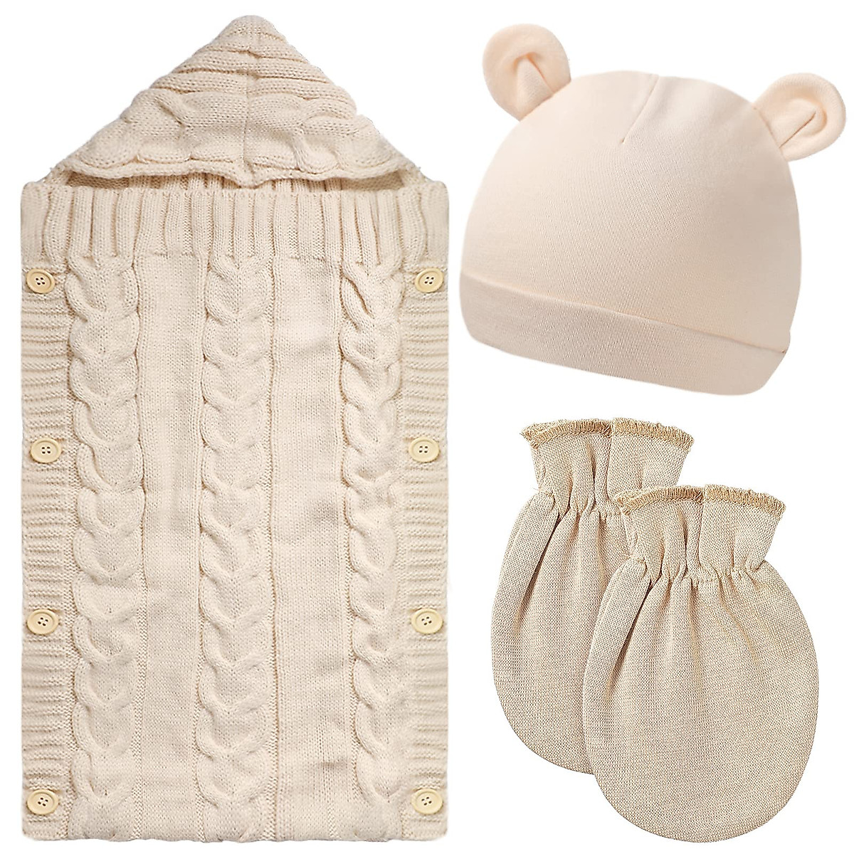 Newborn Baby Wrap Blanket Knit Sleeping Bag Receiving Blankets Stroller Wrap Newborn Baby Hat Bear Ears Infant Caps and Baby Mittens Gloves Gift for Christmas for 9-12 Months Boys Girls(Light Gray)