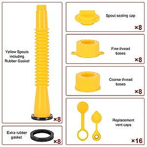 NEAGLORY 8-Kit Gas Can Spout Replacement, Flexible Pour Nozzle with Screw Collar Caps, Spout, Spout Sealing Cap, Extra Rubber Gasket, Replacement Vent Caps Suitable for Most 1/2/5/10 Gal Oil Cans
