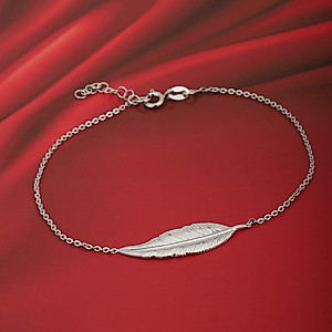 Vanbelle Sterling Silver Jewelry - Rhodium Plated with 925 Stamp - Feather Charm Anklet - Elegant handcrafted Chain Anklet for Women - 9" long + 1" extender