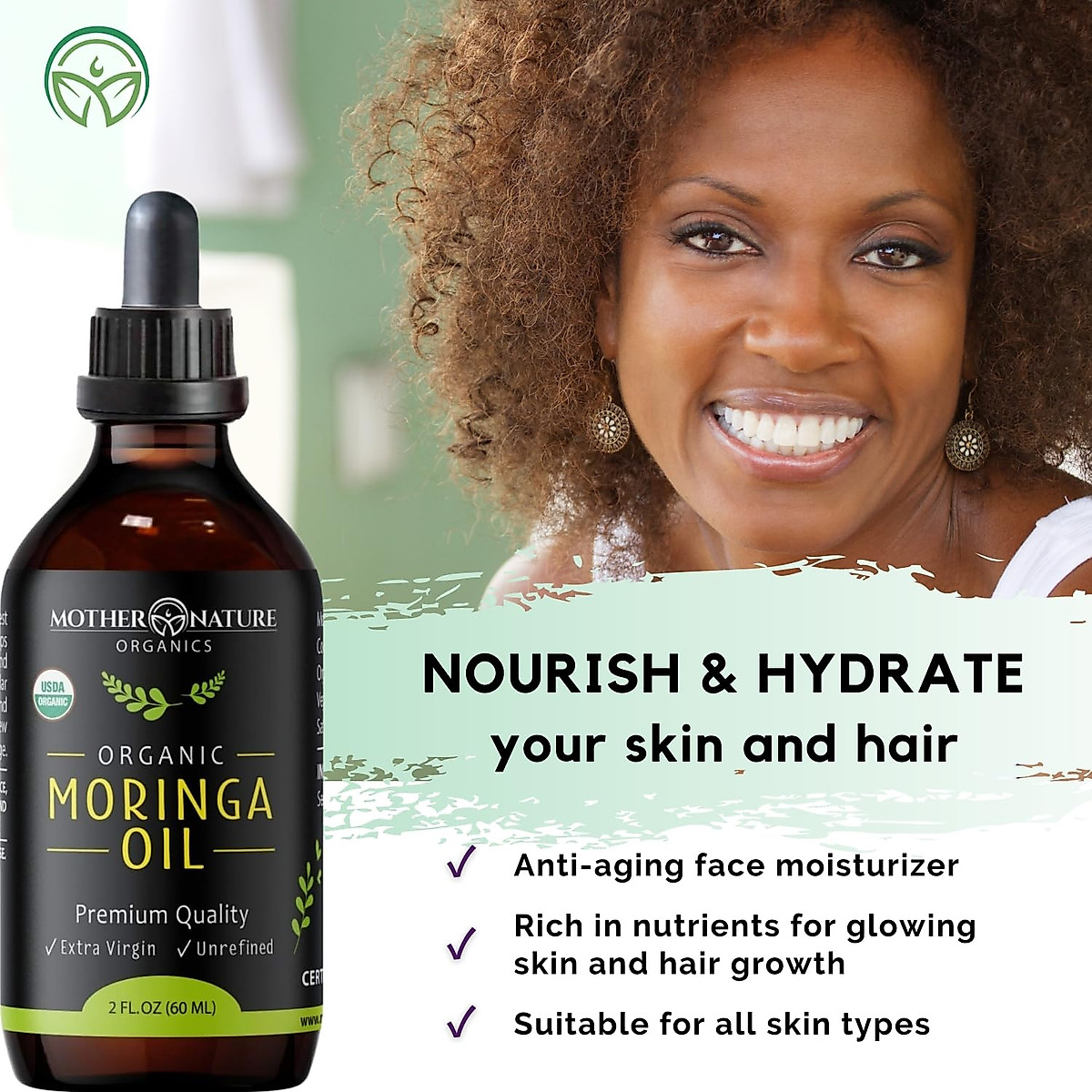 Moringa Oil - USDA Certified Organic, 100% Pure, Cold Pressed & Unrefined Gluten Free Oil (2oz) - Natural Moisturizer for Skin, Face, Body & Hair - Non-GMO & Vegan