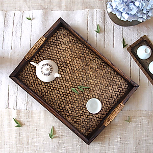 Multi-Purpose Serving Tray for Tea Set Rectangle Food Tray Serving Plate Vintage Rattan Wood Display Stand for Fruits Candies Food Home Parties Supply