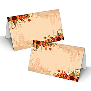 Fall Thanksgiving Table Place Cards, Orange Pumpkin Blank Seating Place Card for Table, 25 Pack Buffet Food Tent Labels, Double Design Name Cards, Thanksgiving Day Party Decorations(06)