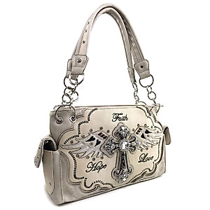 Zelris Faith Love Hope Cross Angel Wing Women Conceal Carry Handbag Wallet Set (Beige)