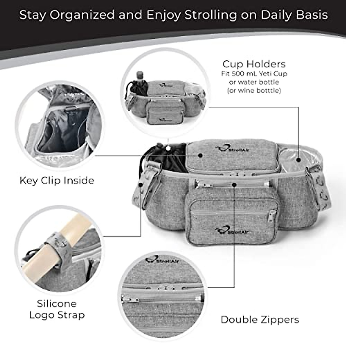 StrollAir - Universal Organizer for Single Strollers – Insulated Cup Holder Console Parent Drink Caddy- Compatible with CosmoS, SOLO, Uppa Baby,Nuna, Baby Jogger, Bumbleride – Grey