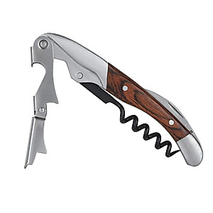 True Wood Handle Double Hinged Waiter’s Corkscrew, Stainless Steel Wine Key with Foil Cutter