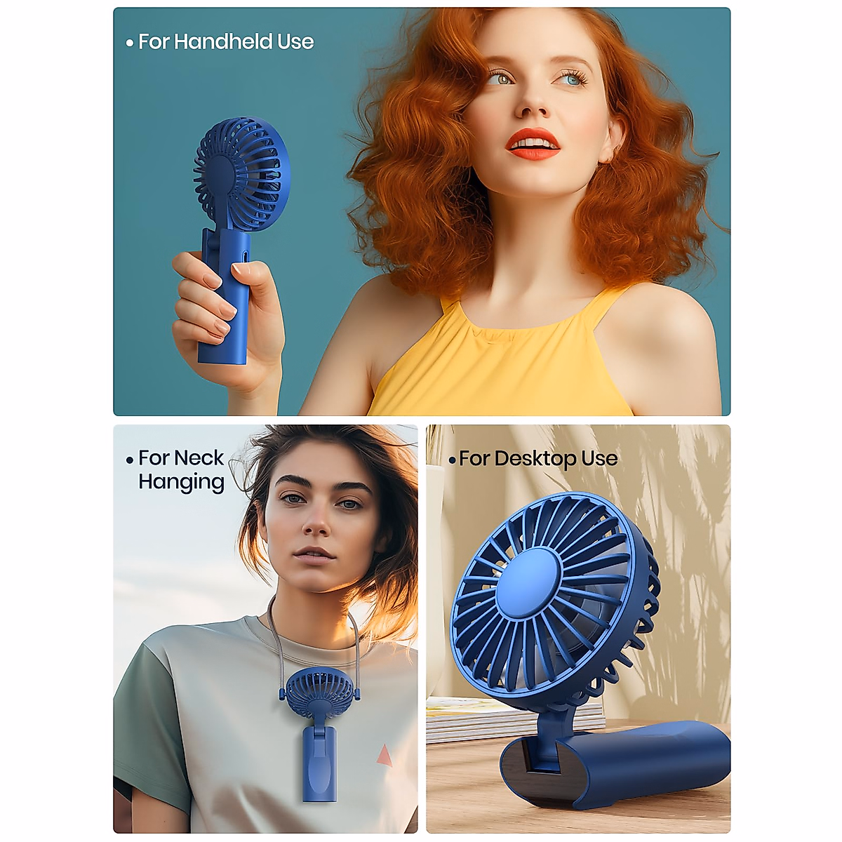 WarmCo Portable Handheld Fan, 5000mAh USB Rechargeable Foldable Fan 3 in 1 Personal Travel Fan with Digital Display,90° Foldable Desk Fan with Base, Mini Desk Fan for Makeup/Commute/Office