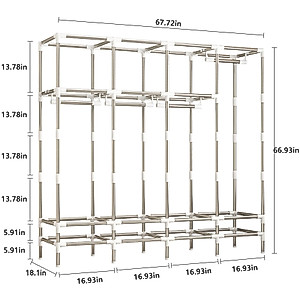 LEAIJIAFY Large Portable Armoire Wardrobe Closet with 4 Hanging Rods and Drawers,Gray Metal Storage Wardrobe Clothes Rack with Dust Cover for Hanging Clothes,67.7 in Width,Bedroom