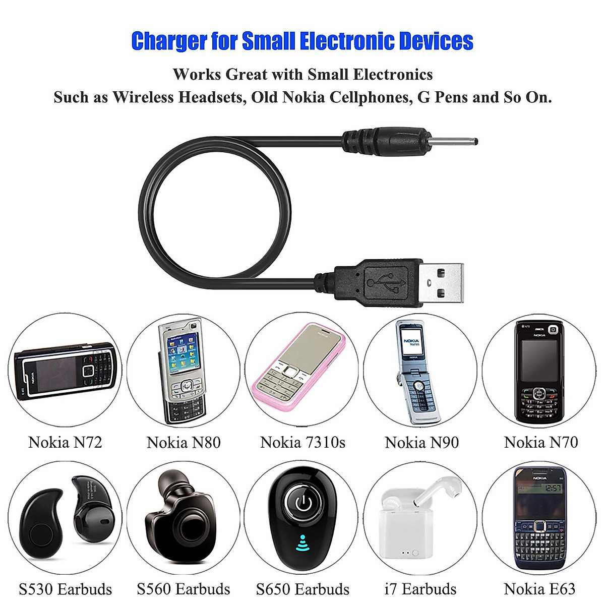 USB DC Charger Charge Charging Cable for Mini S530 Smallest Invisible Wireless Bluetooth Earbuds Earphones Headphones Headset and Bluetooth Shower Speaker