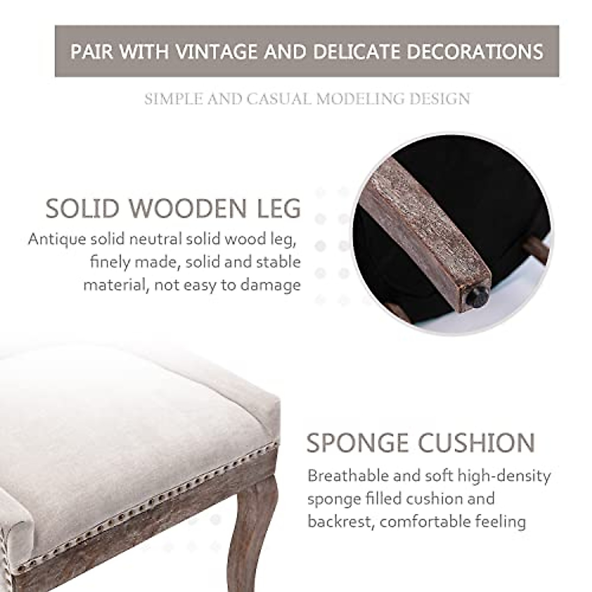 Kiztir Upholstered Dining Chairs Set of 2, Farmhouse Dining Chairs with Solid Wood Legs, Nailhead Trim, Tufted Dining Chair for Kitchen/Living Room/Bedroom (Beige)