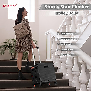 Rolling Crate Utility Cart Collapsible Tote Basket Teacher Cart with Lid Wear-Resistant Noiseless 360°Rotate Wheel Telescoping Handle for Trave Moving Luggage Use(Black,110lbs)