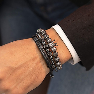 MAGIC FISH Imperial Crown King Black Bracelet for Men and Women Pave CZ Handmade Mens Bracelets Set Friendship Luxury Charm Fashion Cuff Pulseira Bangle Birthday Jewelry?Adjustable size?