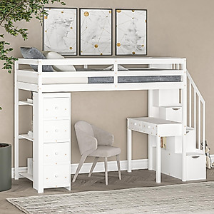 BIADNBZ Wood Loft Bed Twin Size with Desk and Stairs Storage, Wooden Loftbed with 4 Drawers and 3-Tier Shelves, for Kids Teens Bedroom, Stairway High Bedframe, White