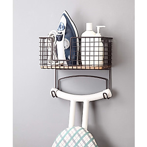SunnyPoint Metal Wall Mount/Over The Door Ironing Board Holder with Large Storage Basket (ORB, 12" X 7" X 5.5" (Basket Size))