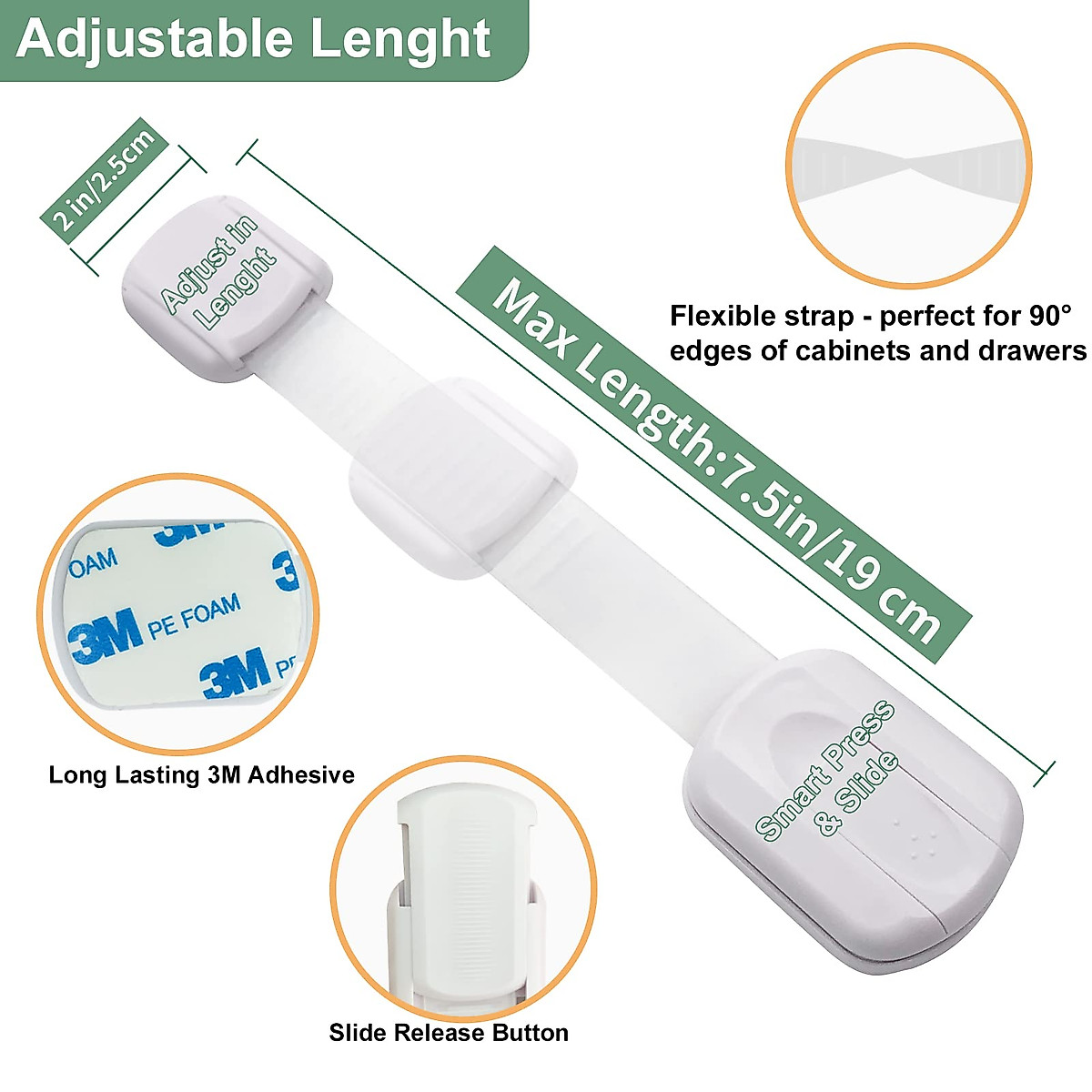 Child Safety Strap Locks (10 Pack) Baby Proofing Cabinet Strap, Adjustable Straps with 3M Adhesive No Drilling, Baby Furniture Proofing, Versatile Safety Locks Are Easy to Install and Handle