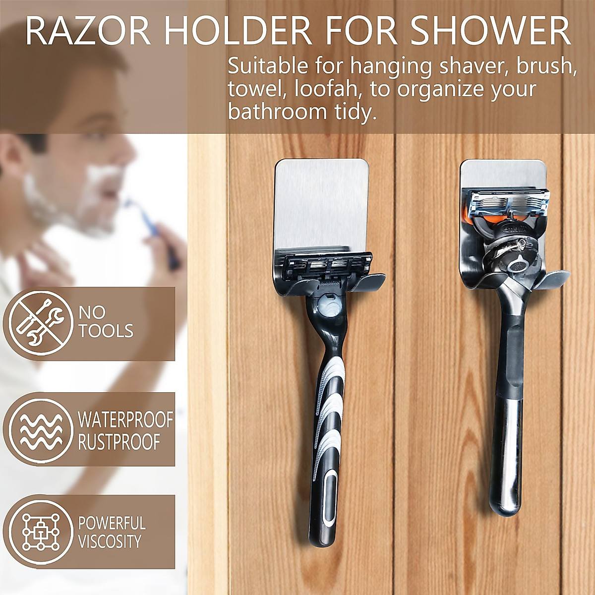 klasit Razor Holder for Shower,Silvery Stainless Steel Razor Holder, Waterproof Self-Adhesive Shaver Holder,Simple Installation,Hanger Hooks for Bathroom or Kitchen Organisation