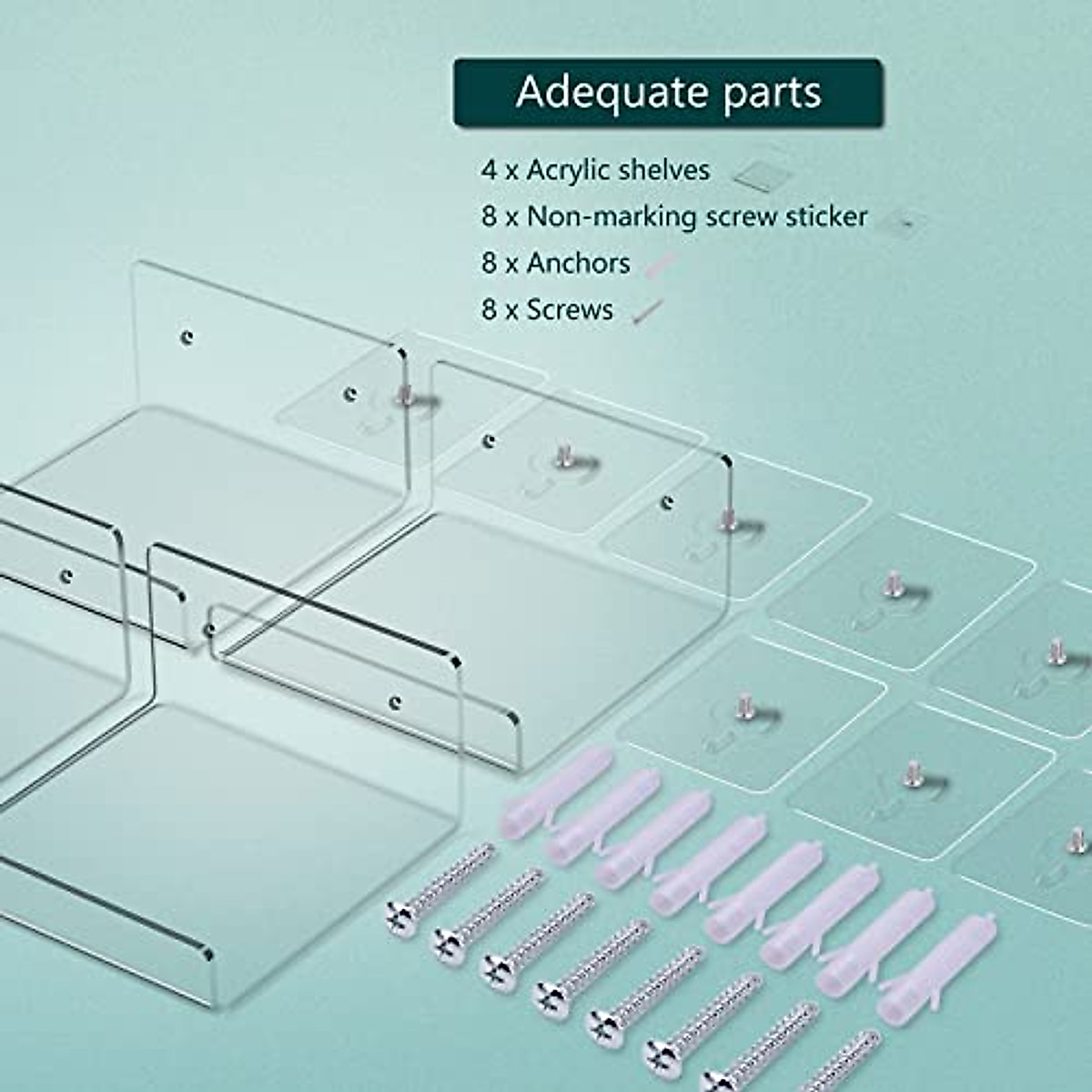 Floating Acrylic Shelves, Acrylic Wall Shelf, 4X4 Inch Clear Shelves for Wall, Small Plant Shelves, Picture and Toy Clear Display Stand (No Drill Shelf, Clear, 4 Pack)