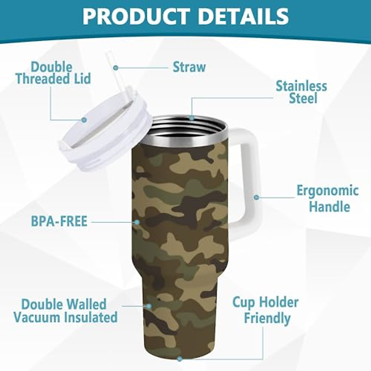 GKCLOCK 40 oz Tumbler with Handle and Straws, Insulated Reusable Stainless Steel Travel Coffee Mug Water Bottle for Office & Outdoor, Cupholder Friendly (Green Camouflage Style)