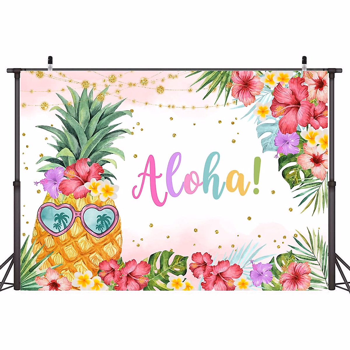 Wollmix Hawaiian Aloha Party Decorations Birthday Backdrop Banner 7x5ft Summer Tropical Beach Photography Background Baby Shower Glitter Gold Dots Floral Pineapple Photo Booth Studio Props Cake Table