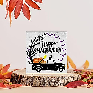 Country Halloween Wood Box Sign Autumn Rustic Farmhouse Style Happy Halloween Pumpkin Truck Wood Block Plaque 5 X 5 Inches Home Desk Sign Decor for Presents