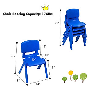 Costzon Plastic Stackable School Chairs, 4 Pack, Kids Learning Chairs with 11 inch Seat Height, Carrying Handle, Waterproof Children Chairs for Playrooms, Schools, Daycares and Home (4 Pack, Blue)