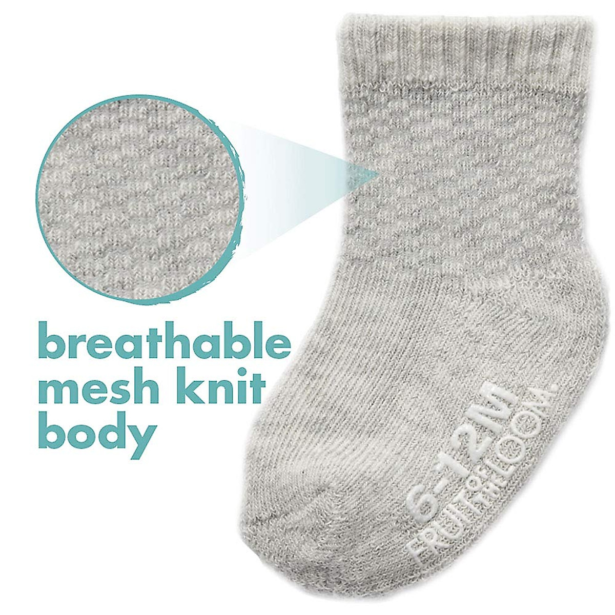 Fruit of the Loom Baby 6-Pack All Weather Crew-Length Socks, Mesh & Thermal Stretch - Unisex, Girls, Boys (0-6 Months, Grey)