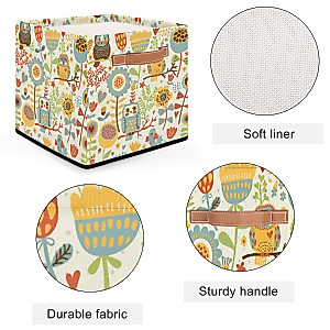 13x13x13 Storage Cube Bins Flower Owl Fabric Storage Cubes 13 inch Collapsible Storage Bins Animal Birds Cubby Storage Baskets for Organizing Shelf Cabinet Bookcase Boxes