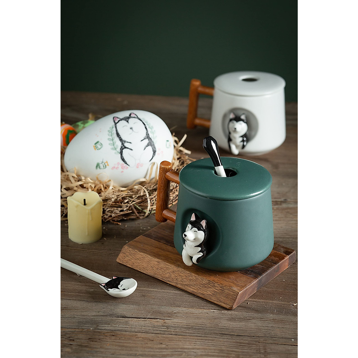 DIHOclub Ceramic Coffee Mug with Lid and Matching Spoon,Novelty 3D Husky Pattern Mug for Tea Milk Chocolate Juice,Cute Cup for Dog Lovers,Perfect Gifts-14 Ounces (green)