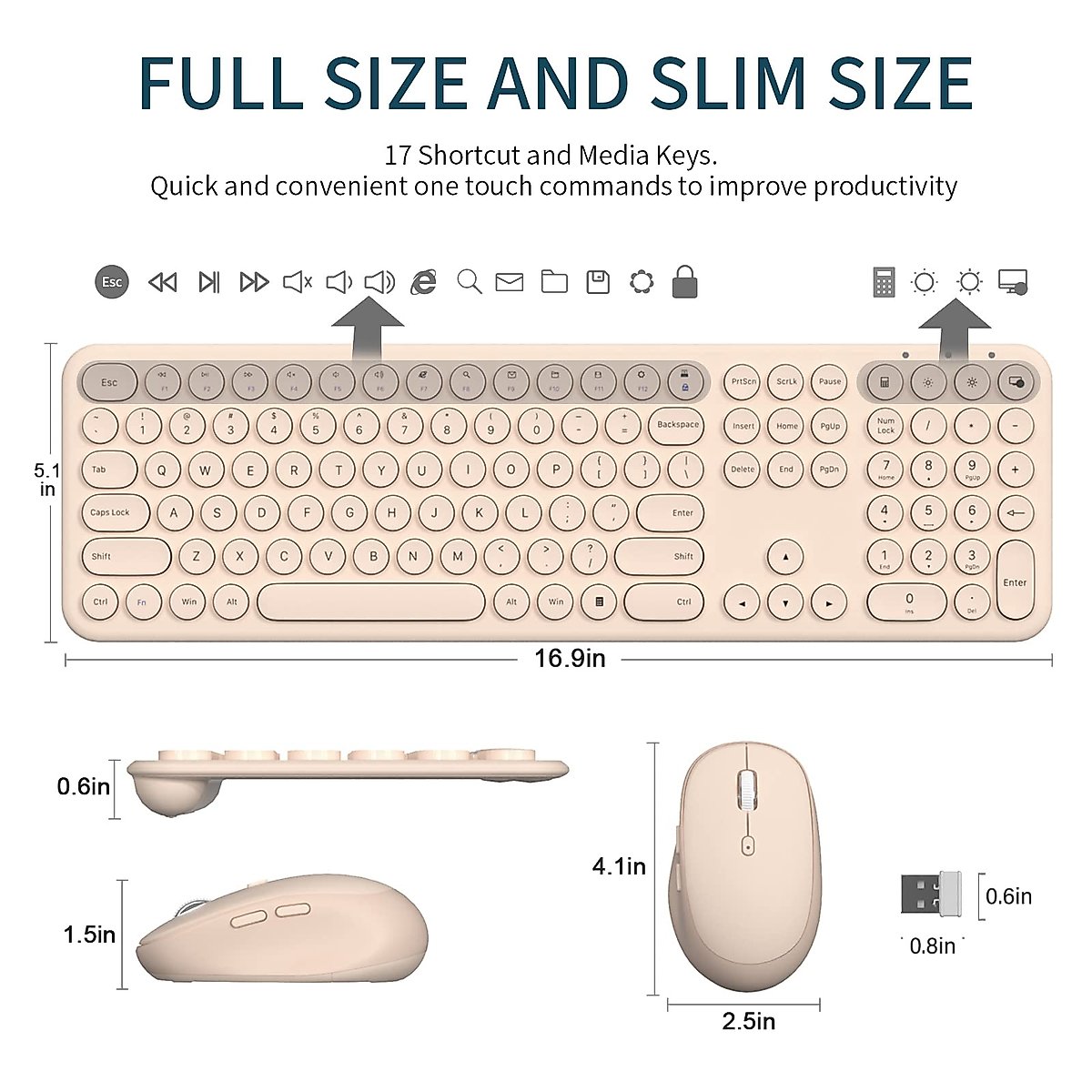 Wireless Keyboard Mouse Combo, 2.4Ghz Aesthetic Quiet Keyboard and Mouse Wireless, 110 Keys Full Size Ultra-Thin Cute Keyboard for Laptop, Computer, PC, Notebook, Windows, Mac OS (Khaki)