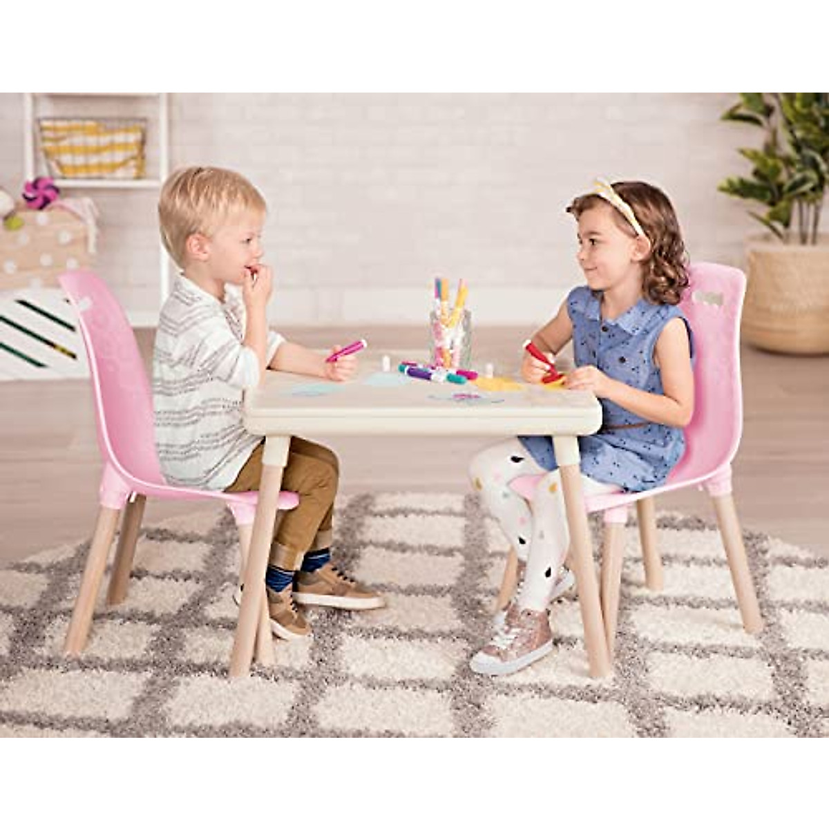 B. toys- B. spaces- Table and Chair Set- Furniture For Toddlers- 1 Craft Table & 2 Chairs- Natural Wooden Legs- Pink & Ivory- 3 years +