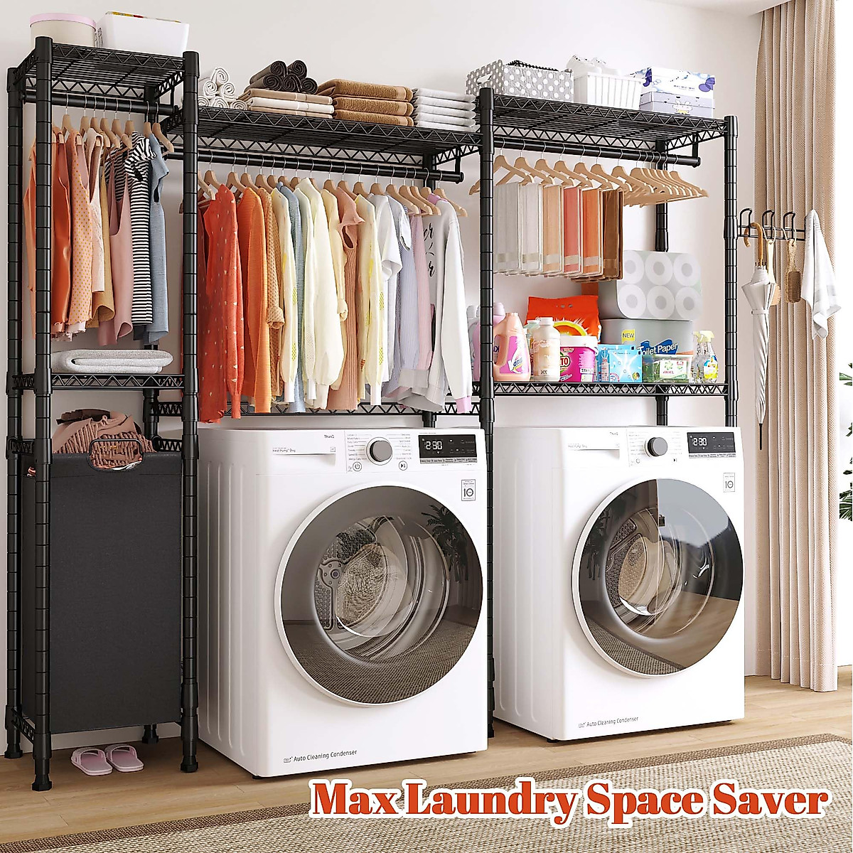 Raybee Over The Washer and Dryer Storage, Laundry Room Organization, Laundry Room Organization and Storage,78.7”W Laundry Room Shelves with Laundry Hamper and Hooks Washer and Dryer