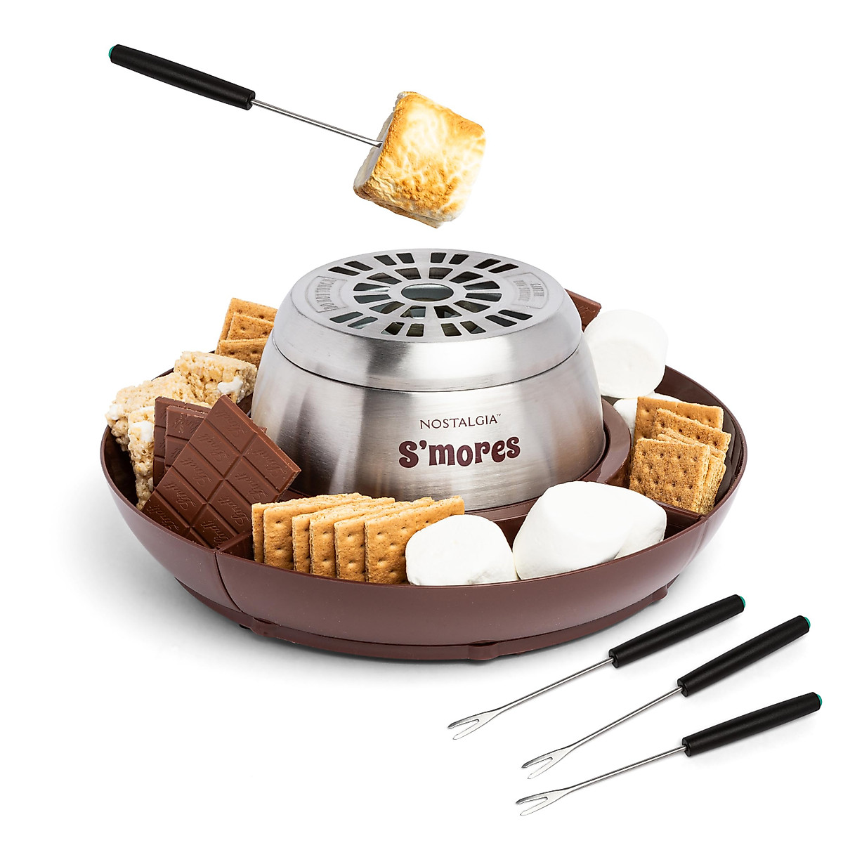 Nostalgia Electric S'mores Maker, Tabletop Indoor Machine with 4 Compartment Trays for Graham Crackers, Chocolate, Marshmallows, 4 Forks, Stainless Steel