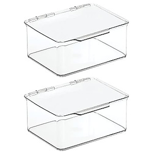 mDesign Plastic Playroom and Gaming Storage Organizer Box Containers with Hinged Lid for Shelves or Cubbies, Holds Small Toys, Building Blocks, Puzzles, Markers, Controllers, or Crayons, 2 Pack, Clear, 5.6 x 6.6 x 3