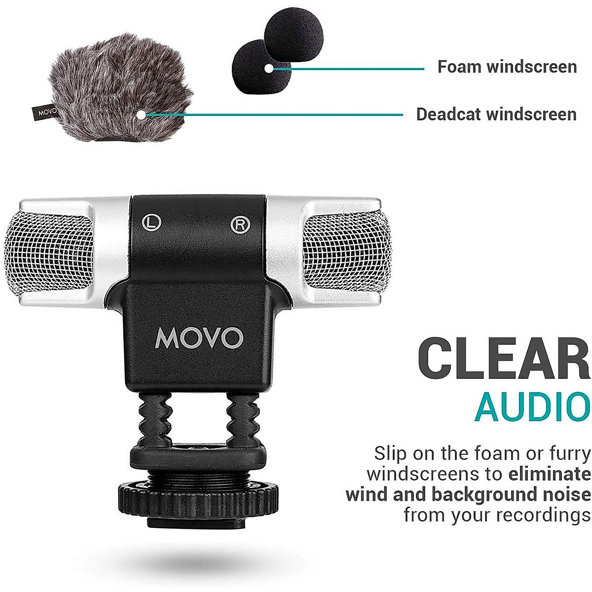 Movo VXR3000 Universal Stereo Microphone with Foam and Furry Windscreens and Travel Case - for iPhone and Android Smartphones, Canon EOS Nikon DSLR, and Action Cameras