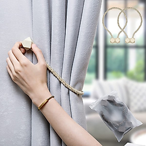 NazTur Magnetic Curtain Tiebacks- Upgrade 2022 with a Thicker Twist Rope and Strong Magnet Tieback Window Treatment Holdbacks Draperies Holders Decorative Drape Handmade Curtain Tie Back (Beige, 2)
