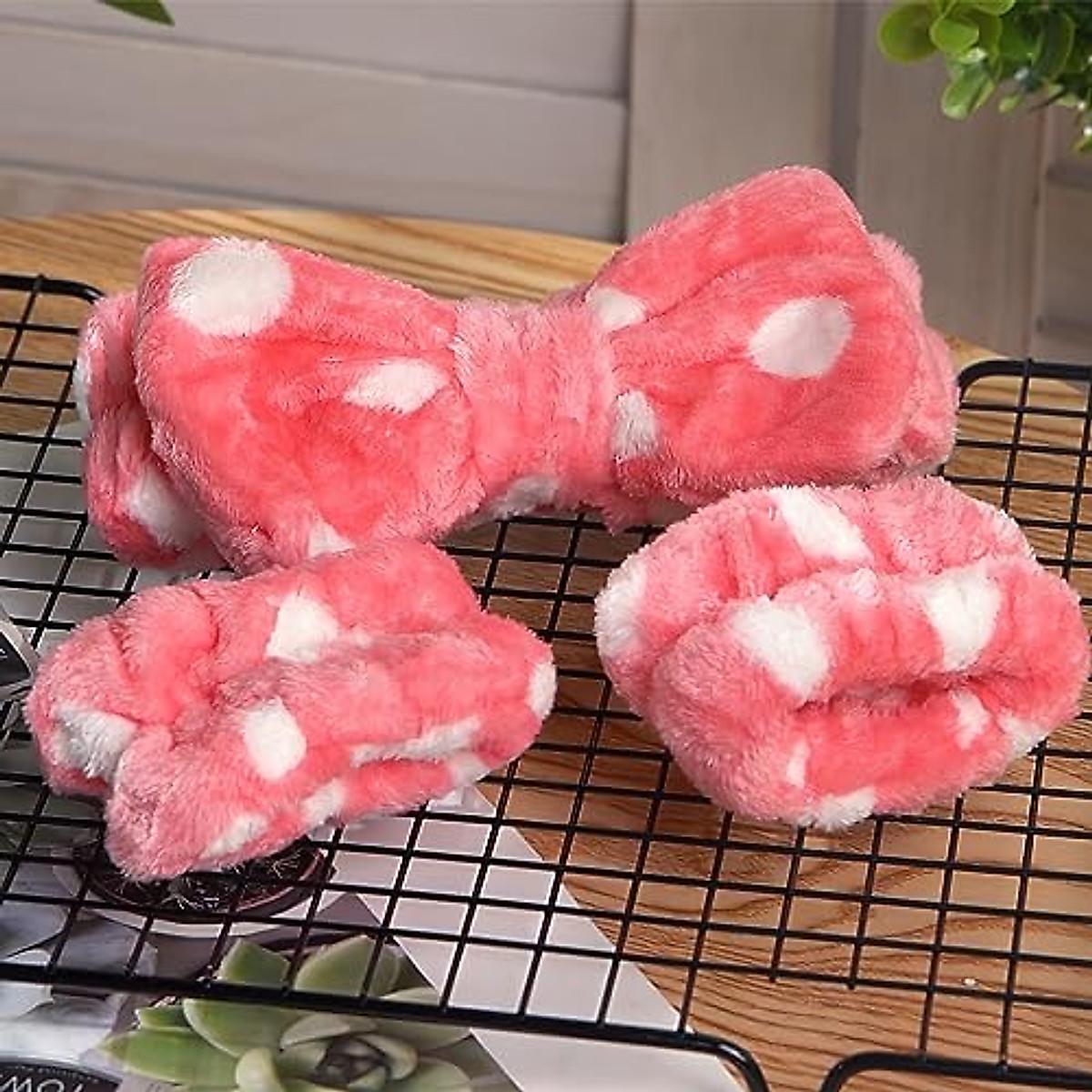 Shindel 6PCS Makeup Headband Set, Bow Hair Bands with Wristbands Coral Fleece Face Wash Headbands for Women Spa Makeup Shower Skin Care Yoga