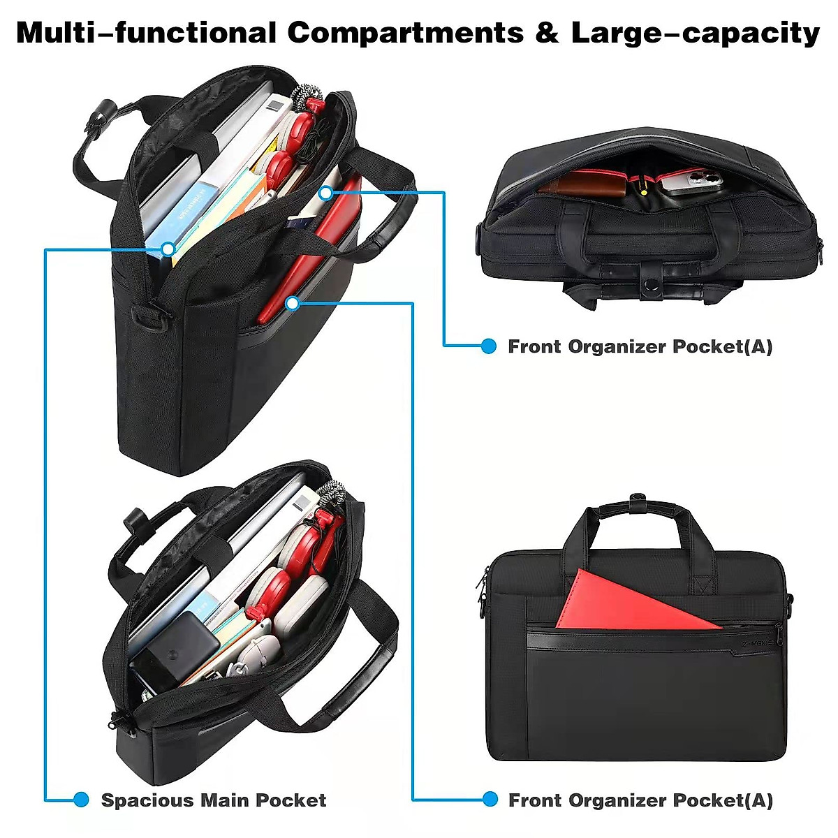 Laptop Bag 15.6 Inch, Briefcase for Men, Laptop Carrying Case, Adjustable Shoulder Messenger Computer Bag, Business College Laptop Case, Water Resistance Laptop Bag Fits HP, Dell, Lenovo, ASUS, Black