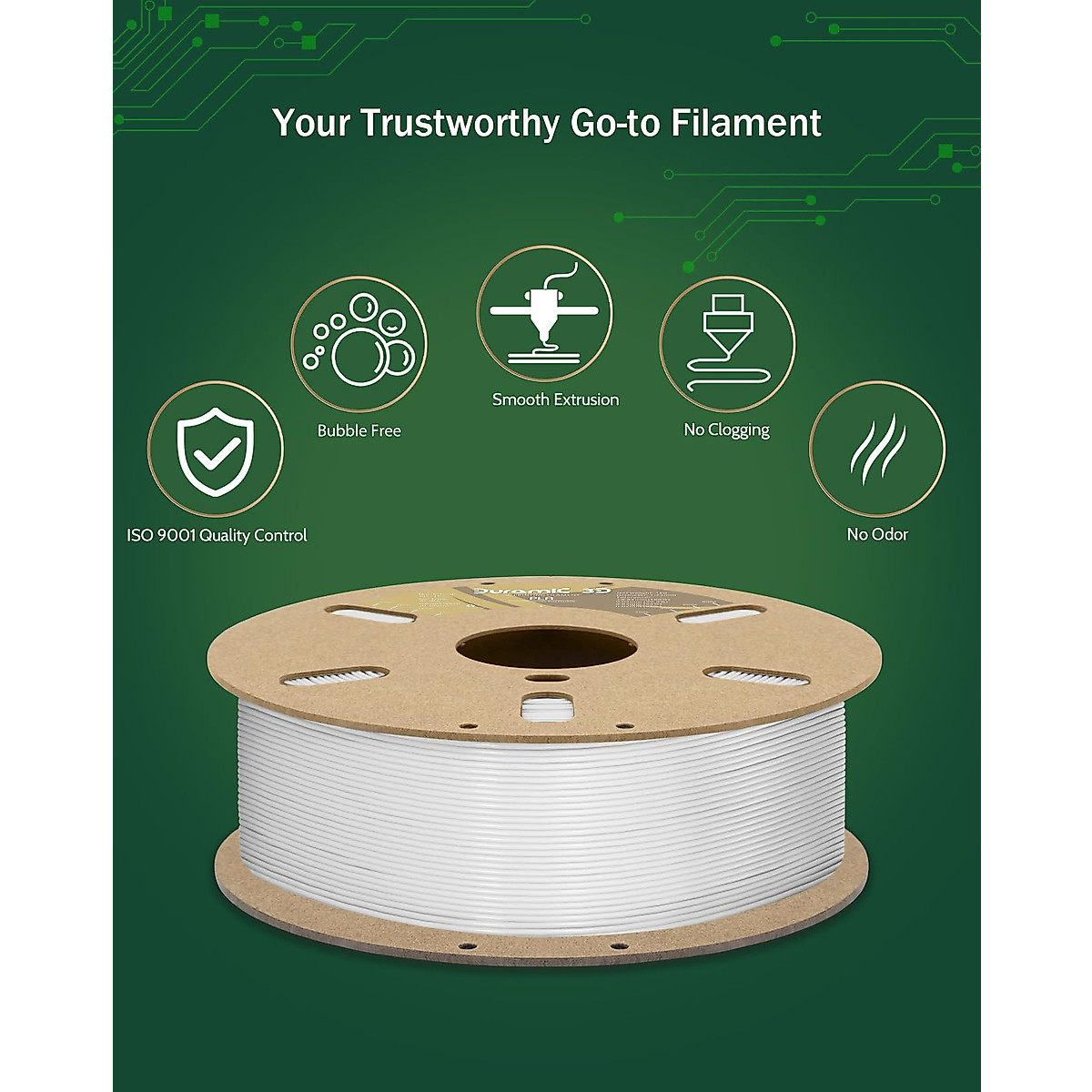 DURAMIC 3D PLA Filament 1.75mm White 1kg Spool, Jam-Free High Stifness 3D Printing Filament with Cardboard Spool, No-Tangling No-Clogging Dimensional Accuracy 99% +/- 0.03 mm