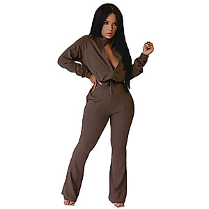 Bluewolfsea Tracksuit for Women Set - Two Piece Outfits Casual Long Sleeve Zip Top Sweatshirt + Bell Bottoms Jogging Sets XX-Large Brown
