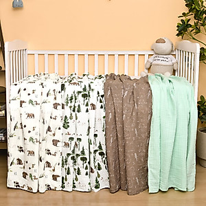david's kids 4 Pack Baby Muslin Swaddle Blankets, 100% Cotton Swaddling Blankets Wrap for Boys Girls, Ultra Soft Breathable Receiving Blanket, New Born Essentials, Woodland Animals/Green