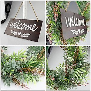 18in Artificial Green Wreath for Front Door with Welcome Sign Red Flower Fall Christmas Wreath Gypsophila Green Leaves Wreath for Window Home Porch Farmhouse Patio Garden Party Decor