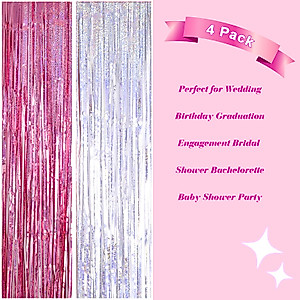 4 Pack 3.3×6.5 ft Metallic Tinsel Foil Fringe Curtains Decor Streamers Photo Booth Backdrop Fringe Backdrop for Birthday Wedding Engagement Baby Shower Holiday Party Decorations(Pink and Sliver)