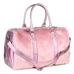 Risup Extra Large Laser Handbag Purse Fancy Duffel Bag 19in Faux Fur Bags for Travel and Overnight, Pink