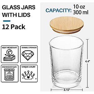 Aminigram 12 Pack, 10 OZ Clear Candle Jars with Bamboo Lids, Empty Glass Candle Jars for Making Candles, Morden Kitchen Bathroom Small Things Container - Bonus 36 Sticky Labels
