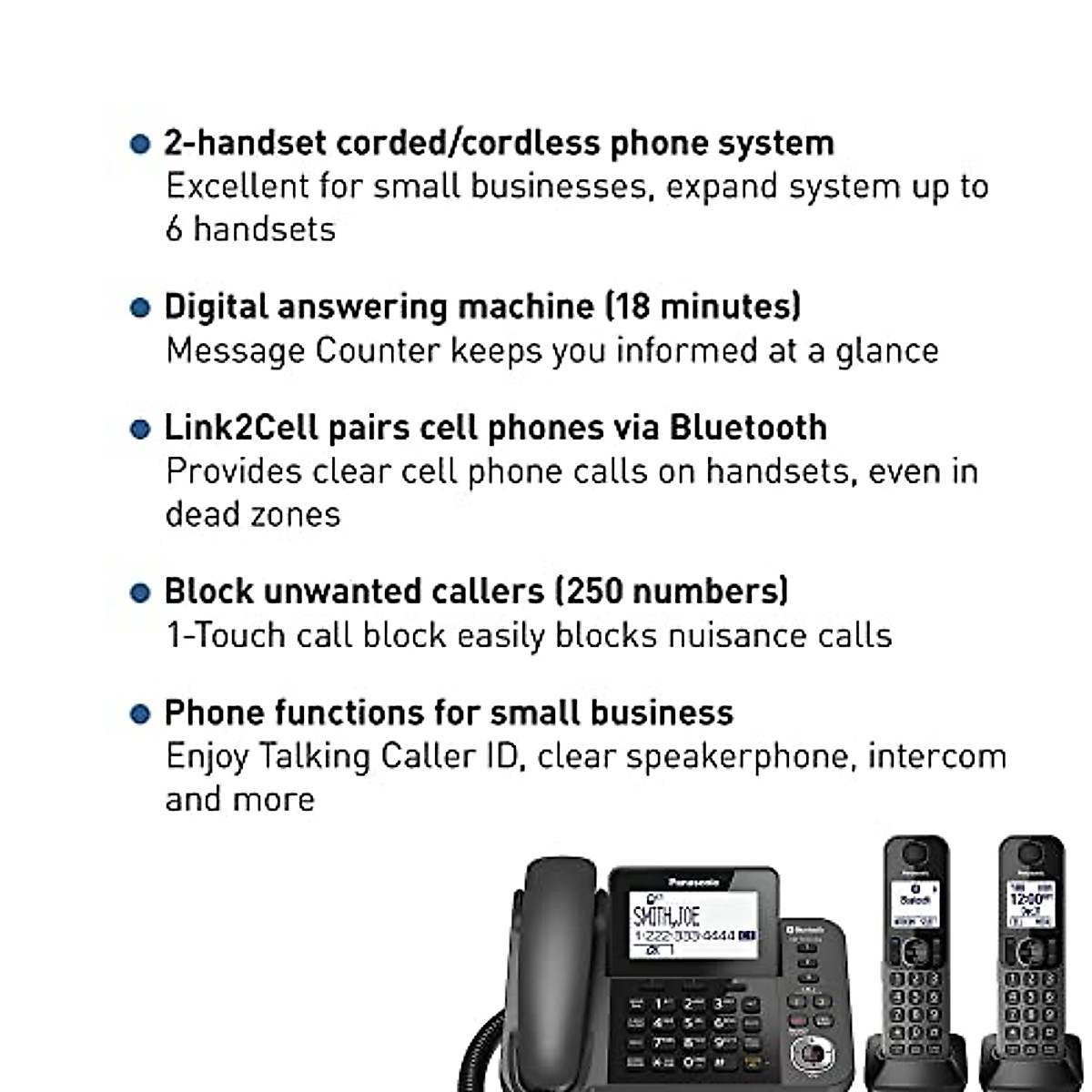 PANASONIC Bluetooth Corded / Cordless Phone System with Answering Machine, Enhanced Noise Reduction and One-Touch Call Block - 2 Handsets - KX-TGF382M (Metallic Black)