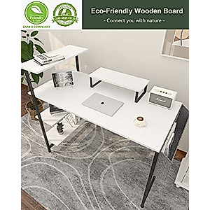 Innerjoin 47 inch Computer Desk with Shelves, Home Office Desk with Monitor Stand, 4 Tier Shelves, Storage Bag, Metal Frames, White