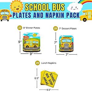 Blue Orchards School Bus Party Plates and Napkins (60 pieces for 20 Guests) - School Bus Party Supplies, School Bus Birthday Plates and Napkins, School Graduation Decorations