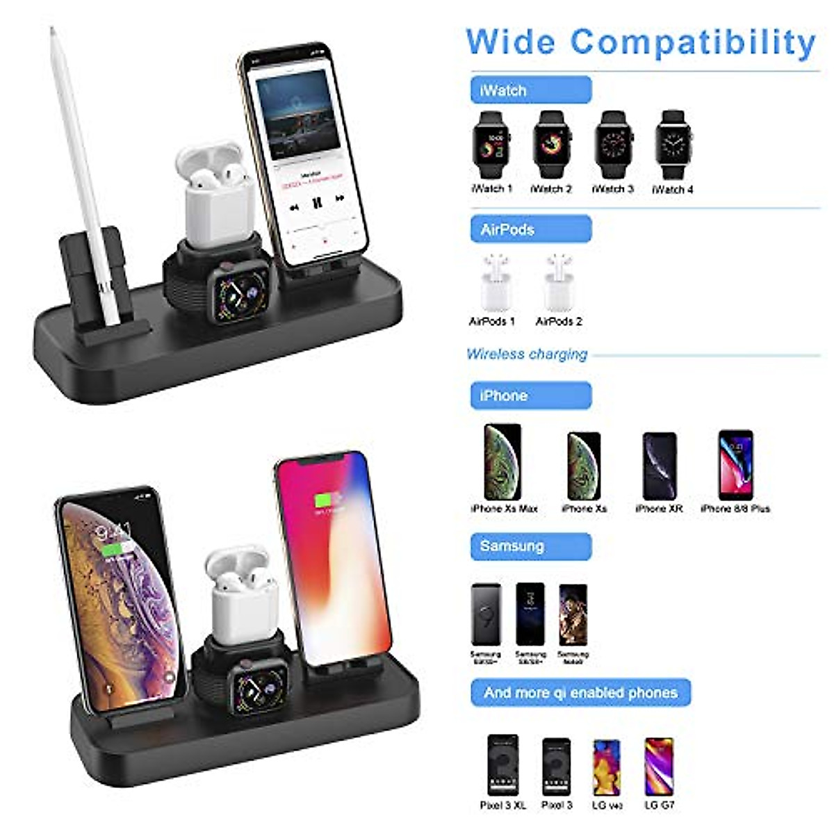 Wireless Charger, 4 in 1 Charging Station for Apple, Wireless Charging Pad Stand with Apple Watch Charger Stand, Apple Watch Charging Stand with AirPods Dock Wireless Charger for iPhone iWatch Airpods