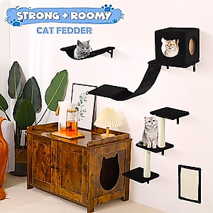 Loninak Cat Wall Furniture Set-Cat Shelves Include Hammock, Condo with Bridge, Step Scratching Post House for Indoor Mounted Tree Black