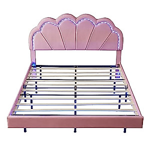 GAOWEI Queen Upholstered Smart LED Bed Frame with Elegant Flowers Headboard,Floating Velvet Platform LED Bed with Wooden Slats Support Queen Bed Frame (Pink)