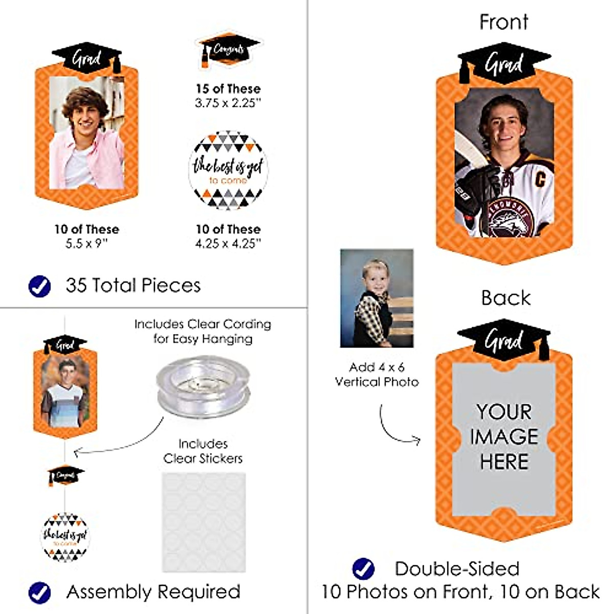 Big Dot of Happiness Orange Grad - Best is Yet to Come - Orange Graduation Party DIY Backdrop Decor - Hanging Vertical Photo Garland - 35 Pieces